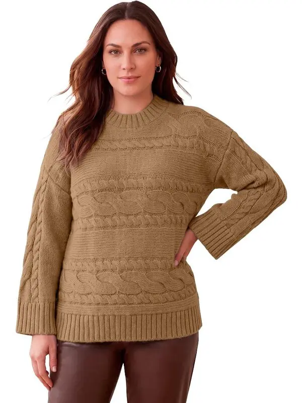 JESSICA LONDON Cable Knit Bell Sleeve Sweater - Brown Maple