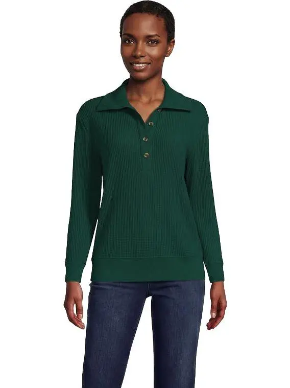 LANDS' END Long Sleeve Waffle Button Up Henley - Pine
