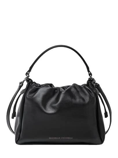 Brunello Cucinelli Mellow Small Bucket Bag In Soft Leather With Monili - Black