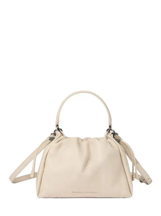 Brunello Cucinelli Mellow Small Bucket Bag In Soft Leather With Monili - Ivory