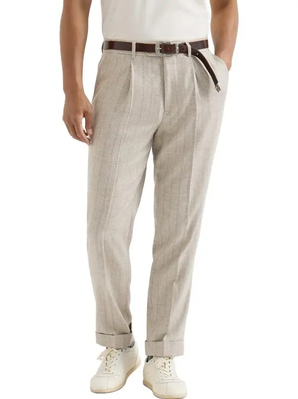 Brunello Cucinelli Striped Cashmere And Silk Diagonal Flannel Trousers With Pince - Grey