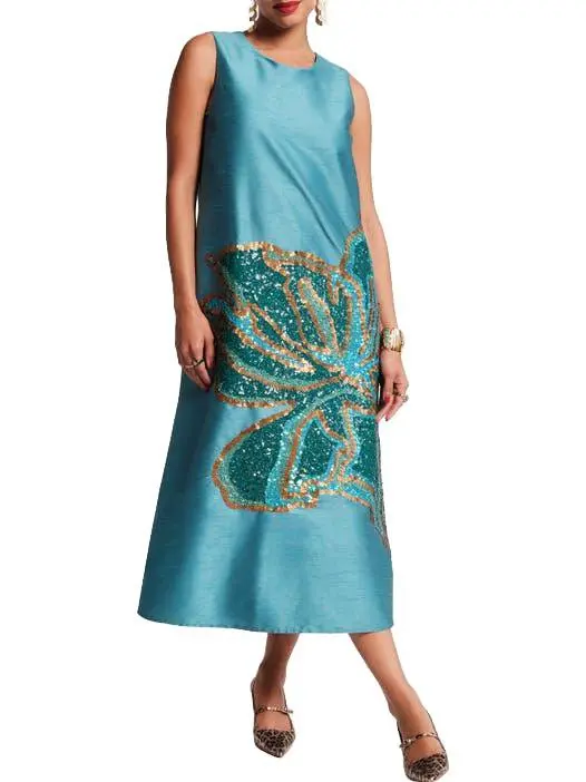 FRANCES VALENTINE Alice Midi Dress Fringed Tulip - Teal