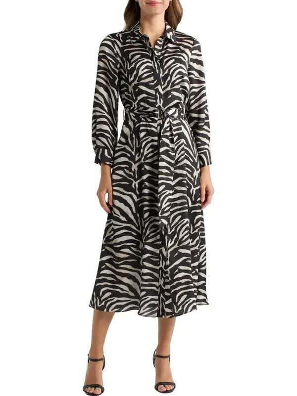 Julia Jordan Zebra Print Long Sleeve Midi Shirtdress - Black Multi