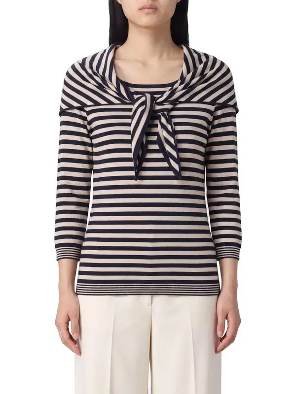 Max Mara Slim Fit Striped Wool Crewneck Jumper With Pussy-bow Neck - Gray
