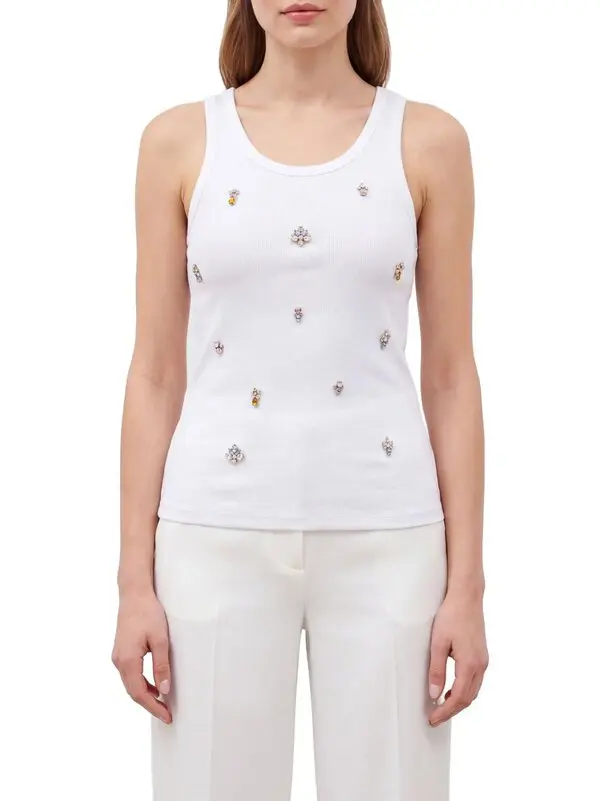 Liu Jo Slim Fit Sleeveless Cotton Top With Crystal Embellishment - White