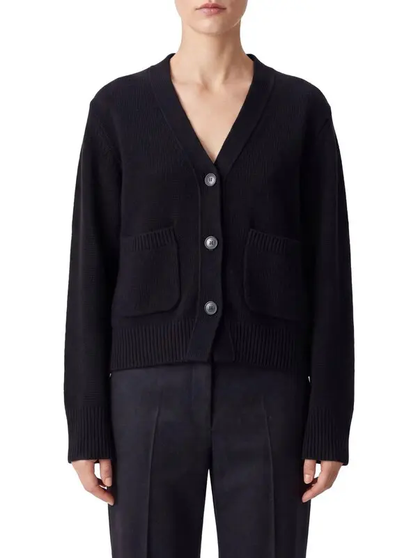 LISA YANG 100% Cashmere V-neck Cardigan With Ribbed Trims - Black