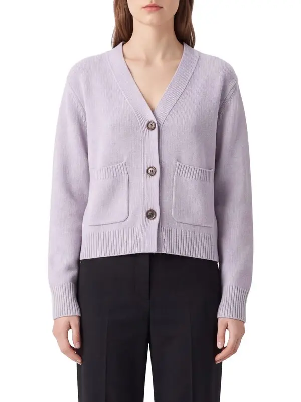LISA YANG 100% Cashmere V-neck Cardigan With Ribbed Trims - Grey