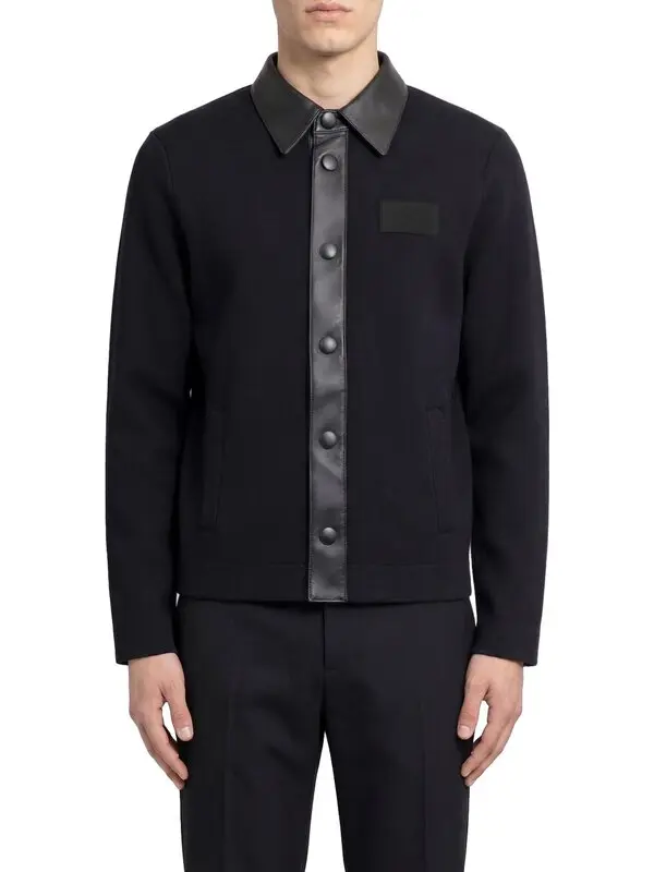 Givenchy Wool Shirt Jacket With Leather Collar And Tonal Logo - Black