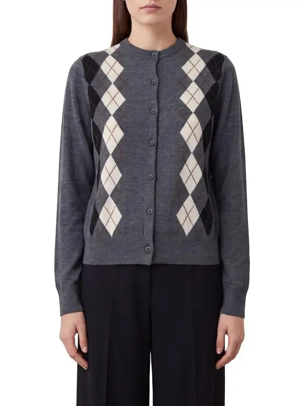 SEMICOUTURE Argyle Pattern Virgin Wool Cardigan With Button Closure - Grey