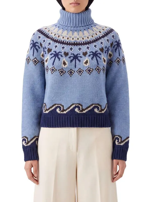 Alanui Turtleneck Jumper In Pure Virgin Wool With Abstract Jacquard Pattern - Sky