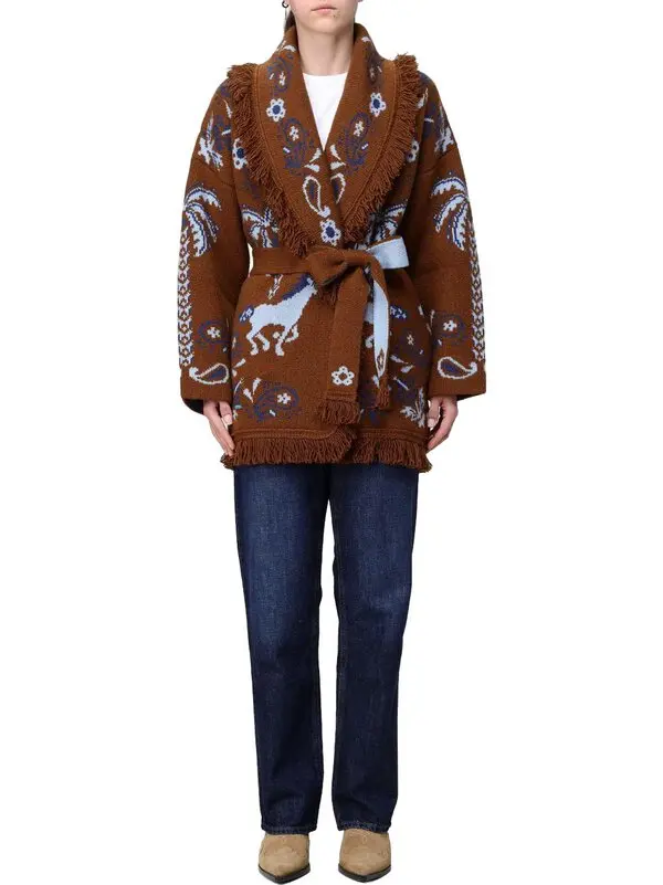 Alanui Jacquard Wool And Cashmere Blend Cardigan With Fringed Trim And Belt - Brown