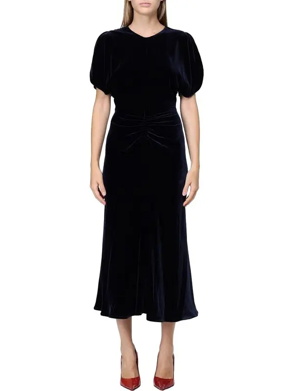 Victoria Beckham Bela Velvet Midi Sheath Dress With Puff Sleeves - Navy