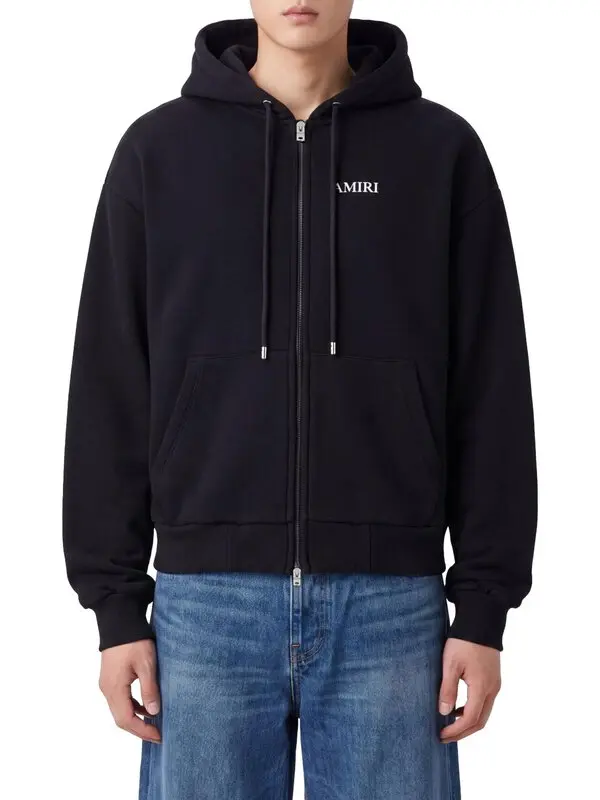 Amiri Jersey Zip-up Hoodie With Concealed Zipper And Contrast Logo - Black