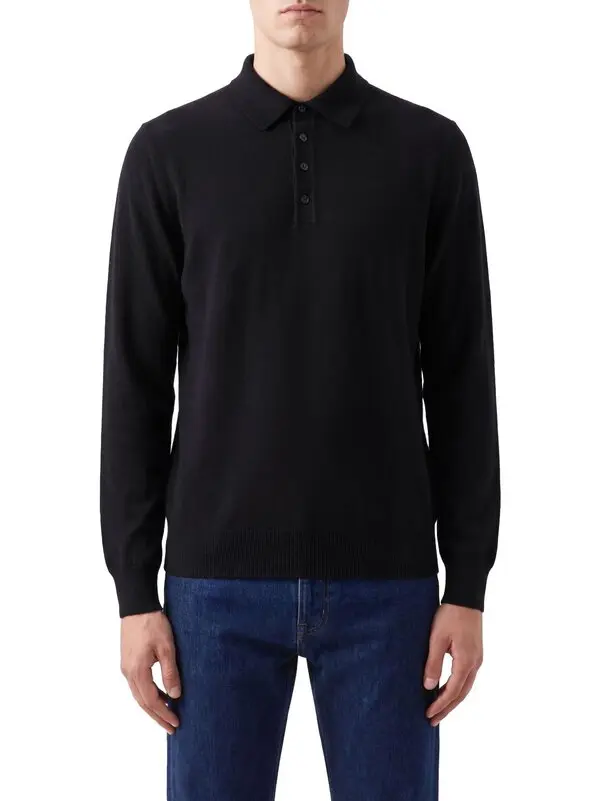KANGRA Long-sleeved Extrafine Merino Wool Knit Polo - Black