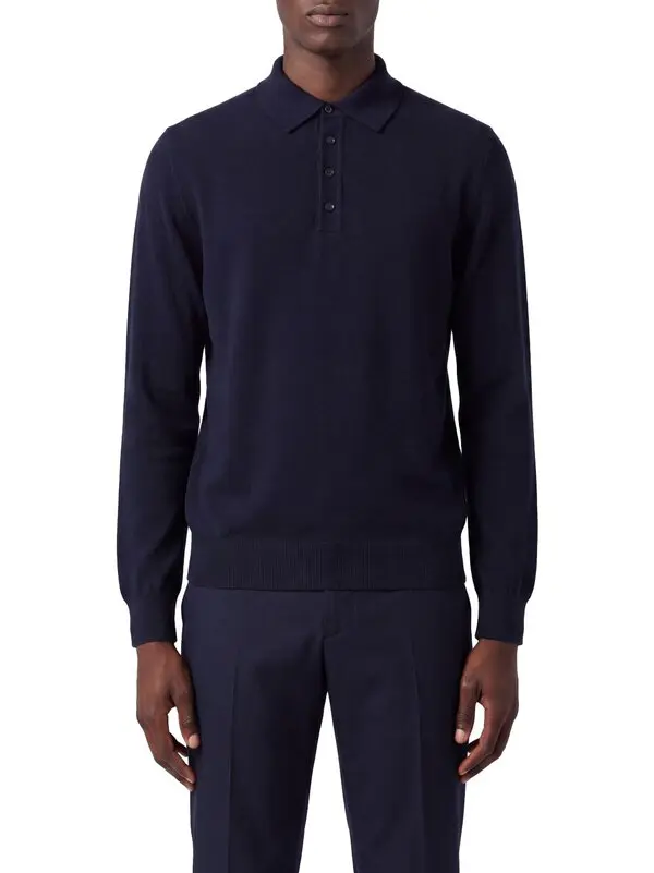 KANGRA Long-sleeved Extrafine Merino Wool Knit Polo - Blue