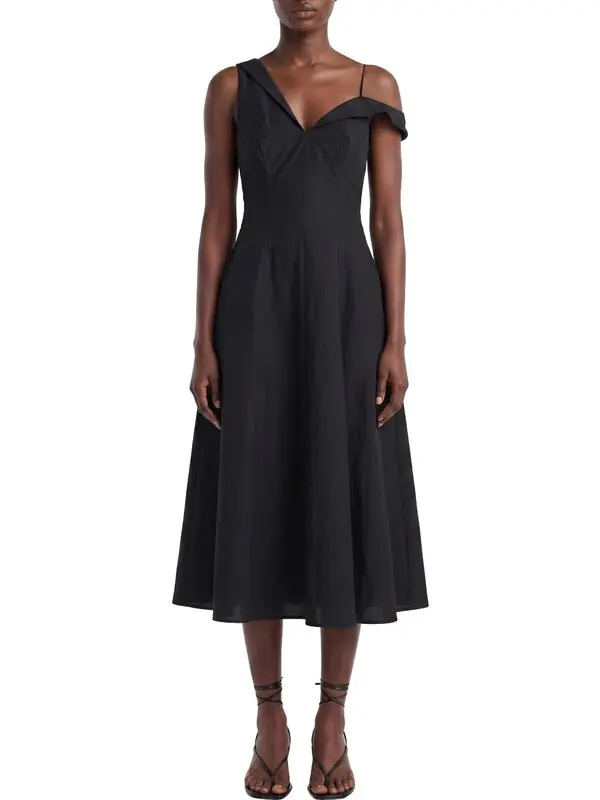 RÓHE Asymmetric Neckline Cotton Blend Midi Ceremony Dress - Black