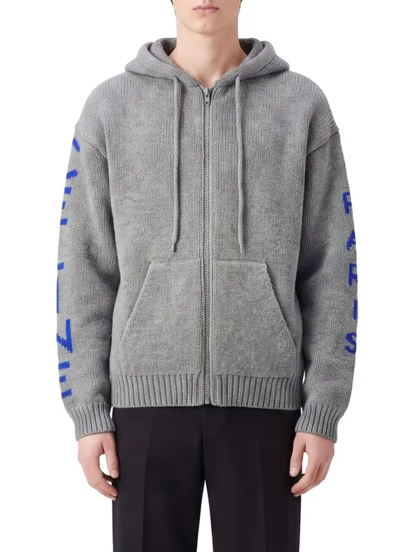Celine Zip-up Hoodie In Knitted Wool With Jacquard Logo - Grey