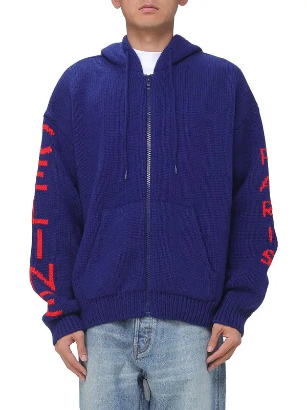 Celine Zip-up Hoodie In Knitted Wool With Jacquard Logo - Navy