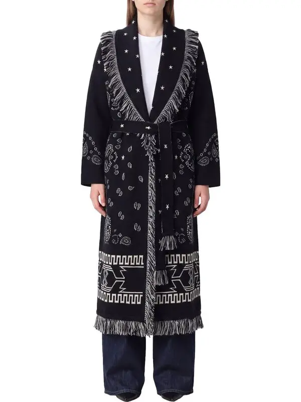 Alanui Long Jacquard Virgin Wool Robe Cardigan With Fringes - Black