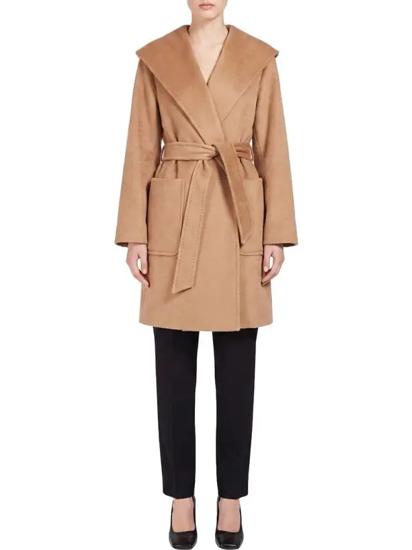 Max Mara Knee-length Camel Wool Robe Coat With Shawl Collar And Belt - Brown