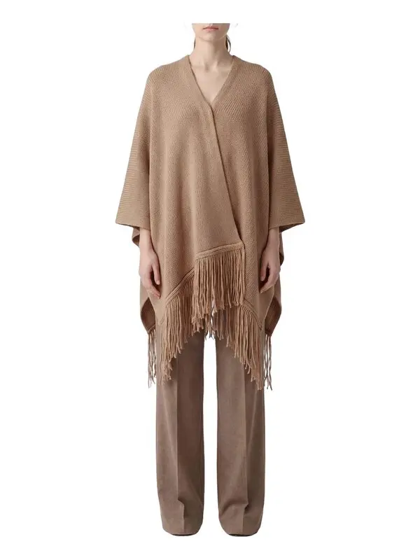 Max Mara Knee-length Wrap Cape In Wool And Cashmere With Fringed Hem - Brown