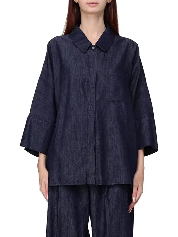 Max Mara Relaxed Fit Cotton Denim Shirt With Dropped Shoulders And Concealed Placket - Blue