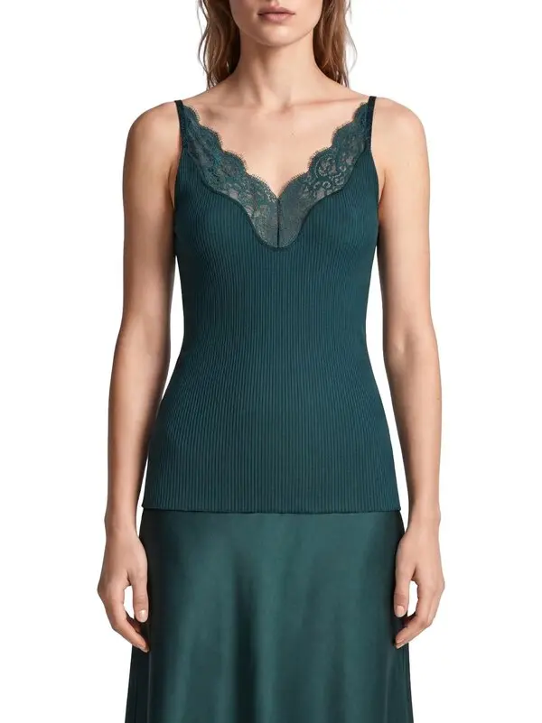 Saint Laurent Ribbed Silk Knit Top With Lace Inserts - Green