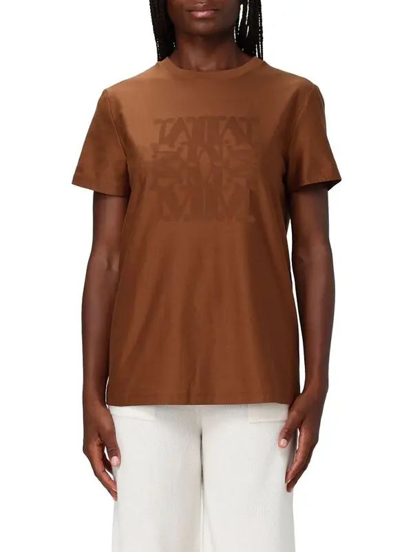 Max Mara Crewneck Cotton T-shirt With Tone-on-tone Monogram - Brown