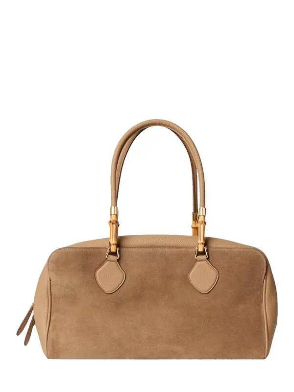 Gucci Large Boston Bag With Bamboo Suede - Beige