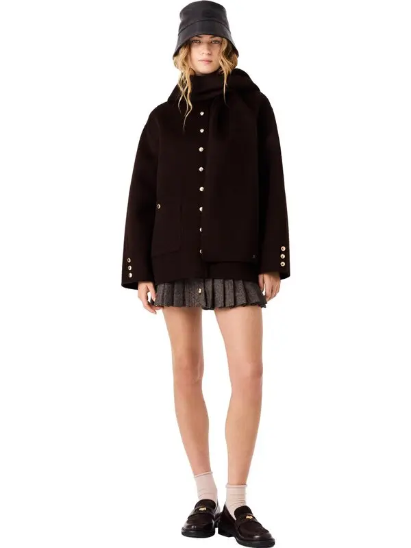 Maje Wool Coat With Removable Scarf - Dark Brown