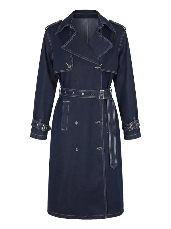 MODENAIRE Denim Trench Coat With Belted Waist And Double Breasted Front - Blue