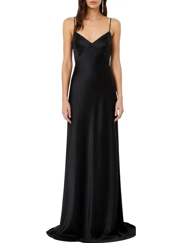 Max Mara Long Satin V-neck Evening Gown With Small Train - Black