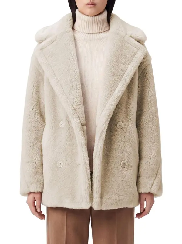 Max Mara Short Double-breasted Faux-fur Effect Coat In A Wool Blend - White