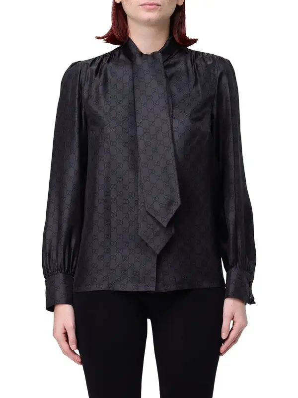 Gucci Pussy-bow Blouse In Pure Silk With All-over Gg Monogram - Black