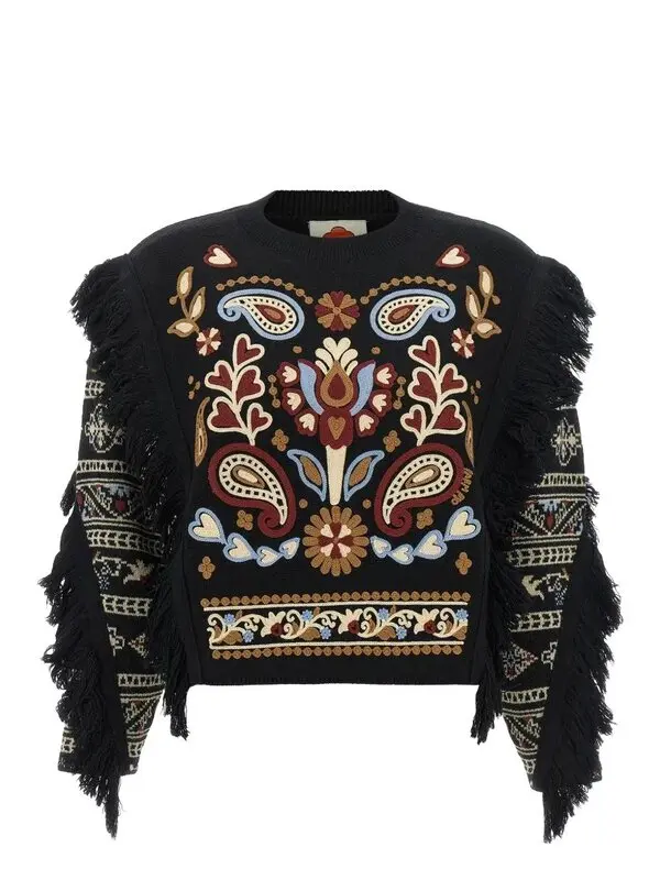 Farm Rio Knit Fringe Sweater - Black