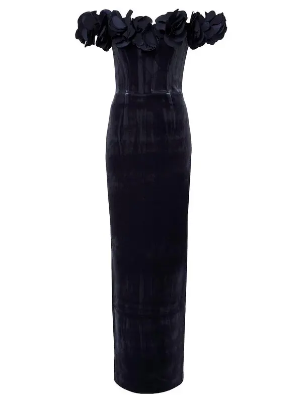 Rebecca Vallance Rosette Floral-appliqué Velvet Gown - Blue