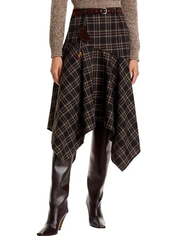Aqua Belted Plaid Asymmetrical Skirt Exclusive - Brown Multi