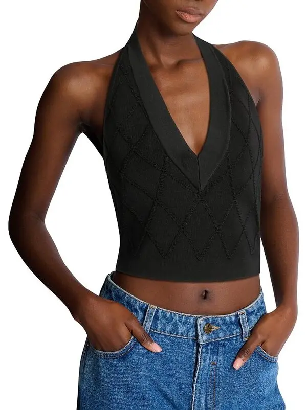 Balmain Quilted Knit Halterneck Top - Black