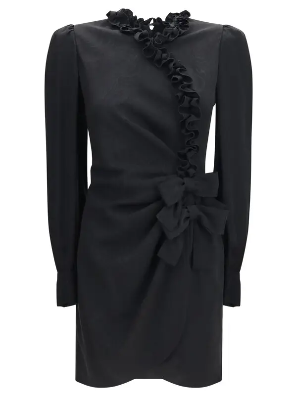 Alessandra Rich Silk Jacquard Mini Dress With Ruffles - Black