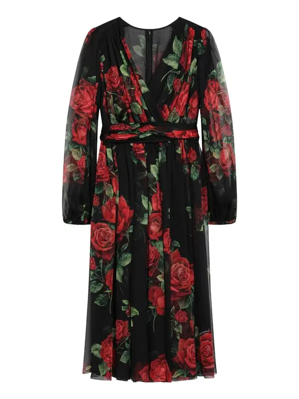Dolce & Gabbana Dress With Rose Print In Silk Chiffon - Black