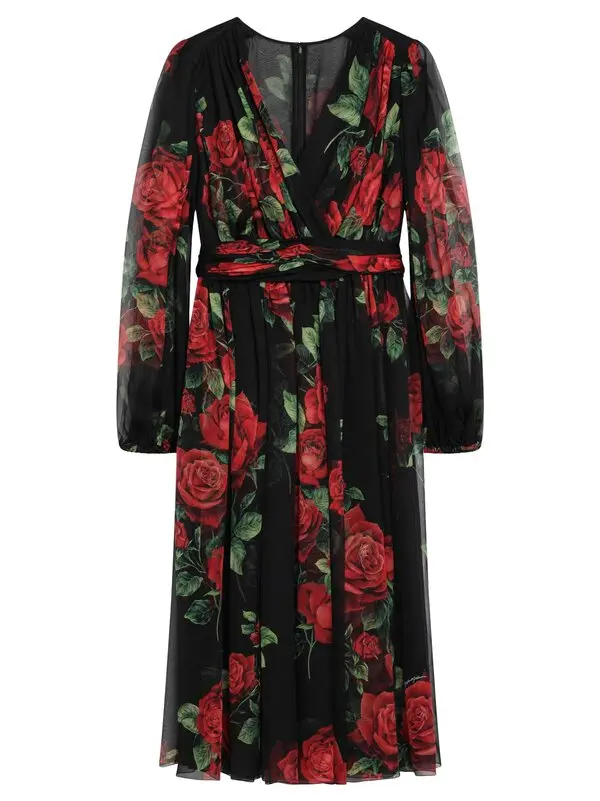 Dolce & Gabbana Dress With Rose Print In Silk Chiffon - Black