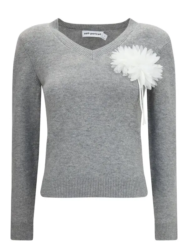 SELF-PORTRAIT Wool And Cashmere Blend Jumper With Floral Corsage - Gray