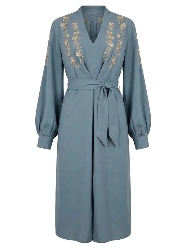 ARTEMIS MUSE Japanese Blossoms Metallic Champagne & Embroidery Artemis Dress - Blue
