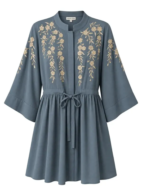 ARTEMIS MUSE Japanese Blossoms Metallic Champagne & Embroidery Selene Dress - Blue