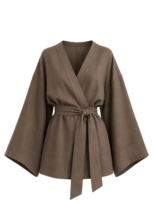IDYLLO Linen Mini Kimono Jacket Dress With Belt - Brown