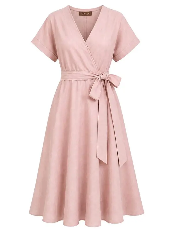 IDYLLO Linen Boho Wrapdress With Pockets Powder - Pink