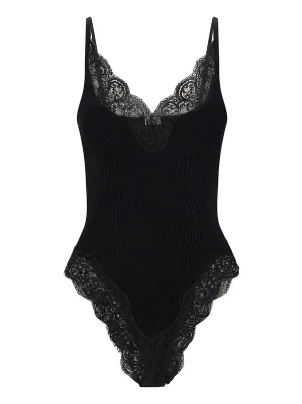 Saint Laurent Ribbed Lace-trimmed Silk-jersey Bodysuit - Black