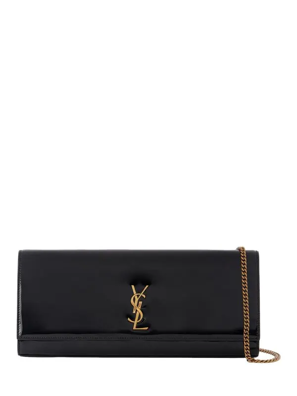 Saint Laurent Kate Cassandre-embellished Patent-leather Clutch - Black