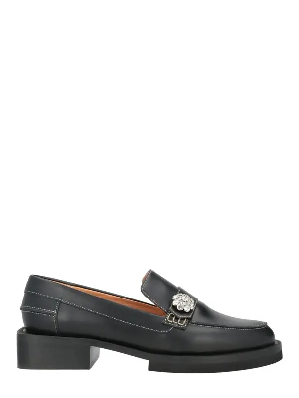 GANNI Small-size Rhinestone Solid Color Leather Loafers - Black