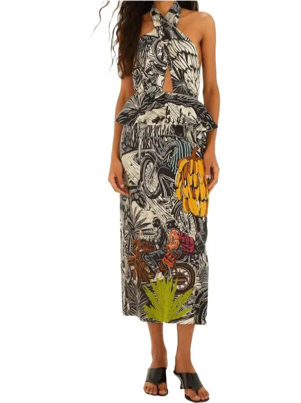 Farm Rio Graphic-print Embroidered Dress - Brown